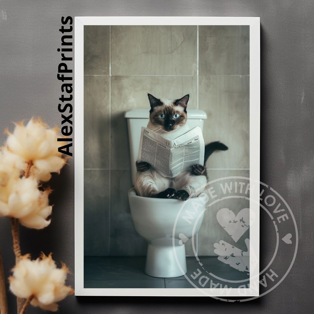 Siamese Cat on Toilet Funny Cat Bathroom Printable, Safari Animal Art ...