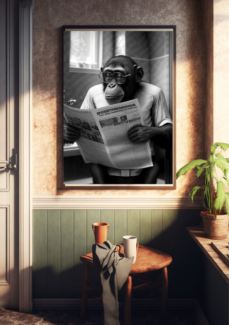 Monkey on Toilet Funny Bathroom Printable Safari Animal Art - Etsy