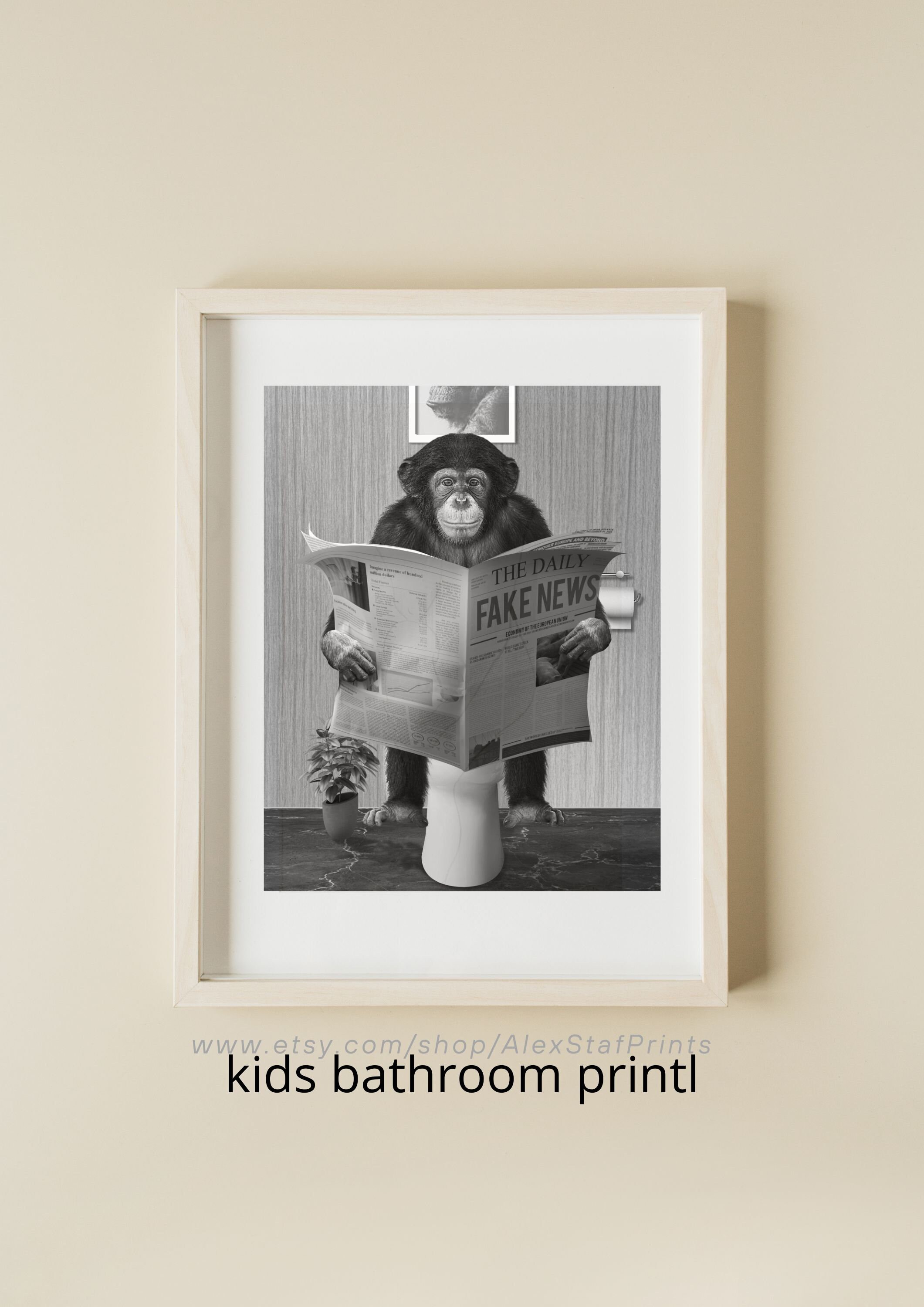 Monkey on Toilet, Funny Bathroom Printable, Safari Animal Art, Bathroom ...