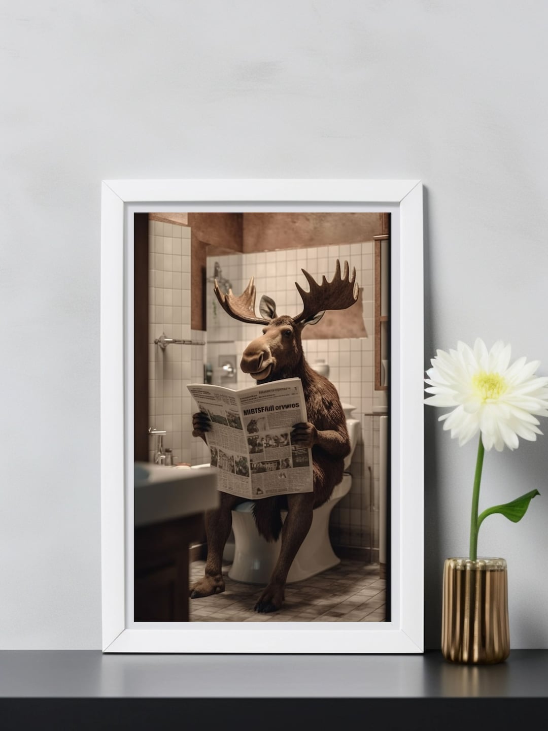 Moose Sitting on the Toilet Reading a Newspaper, Funny Bathroom Humor ...