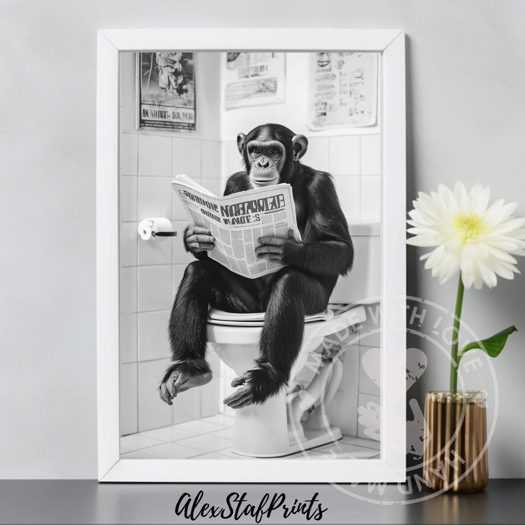 Chimpanzee on Toilet, Funny Bathroom Printable, Safari Animal Art ...