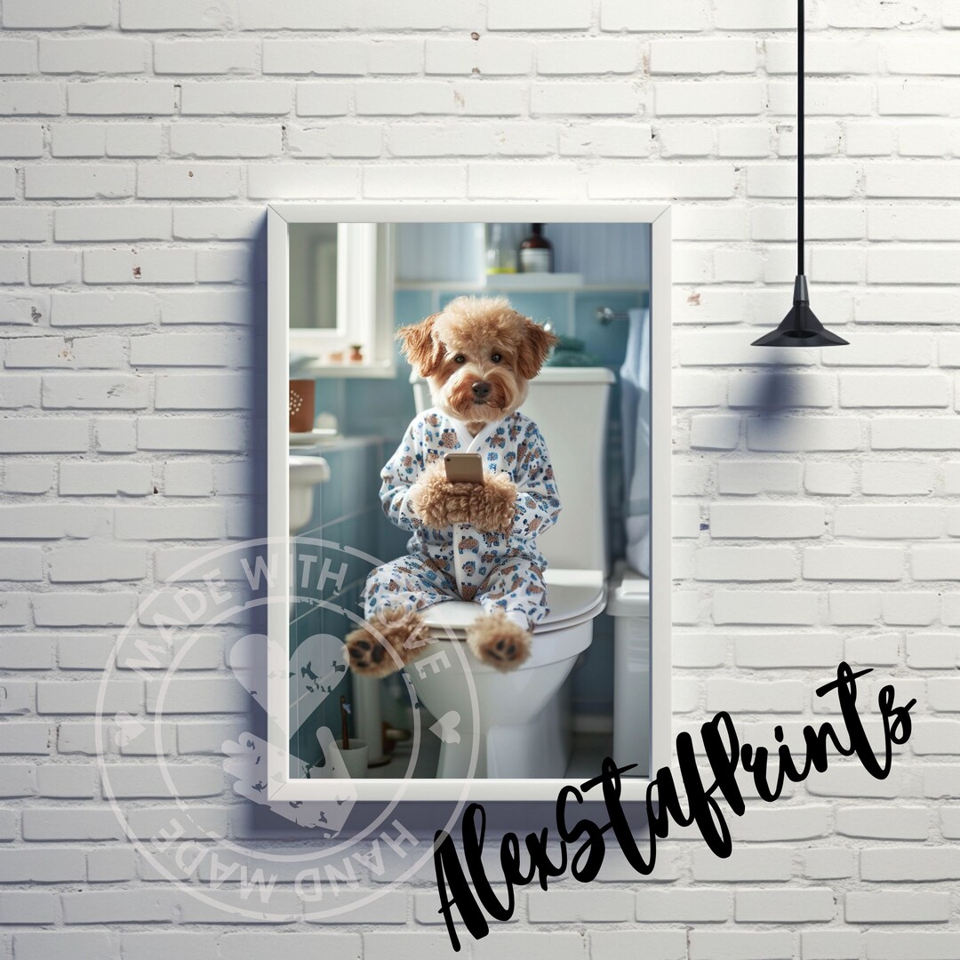Cockapoo on the Toilet, Blue Bathroom Print, Bathroom Wall Art ...