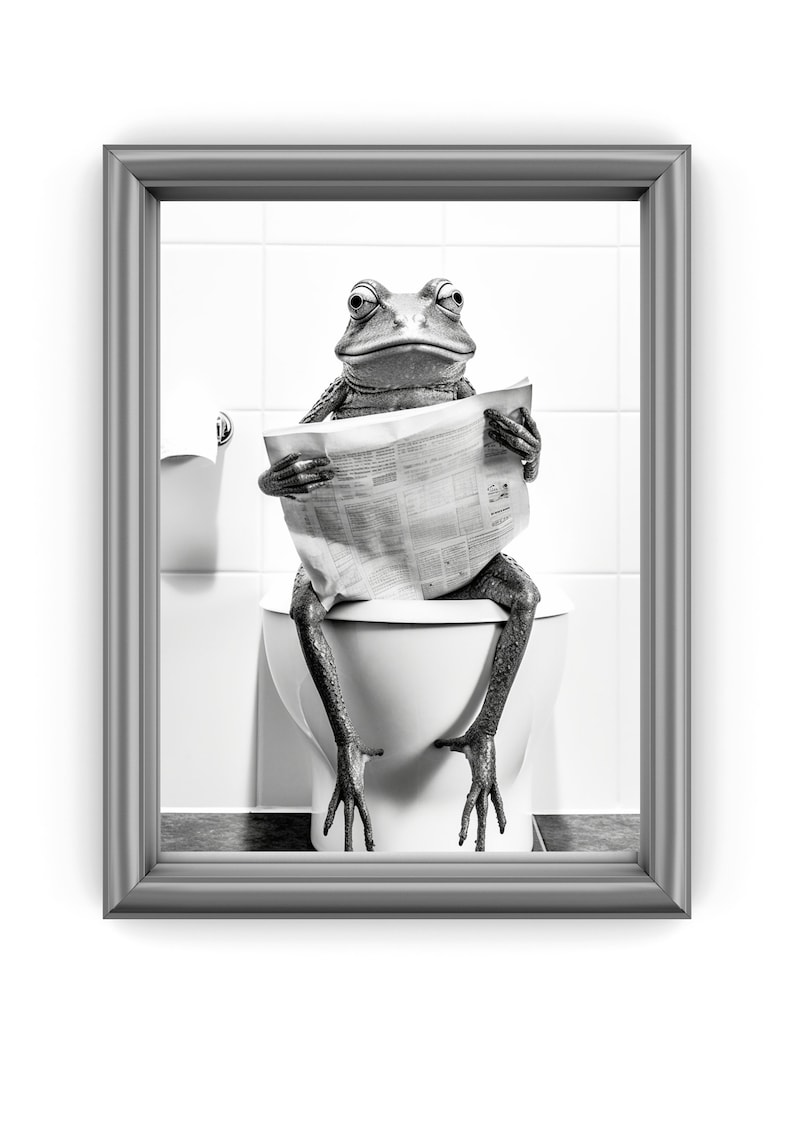 Frog Sitting on the Toilet Reading a Newspaper Funny Bathroom - Etsy