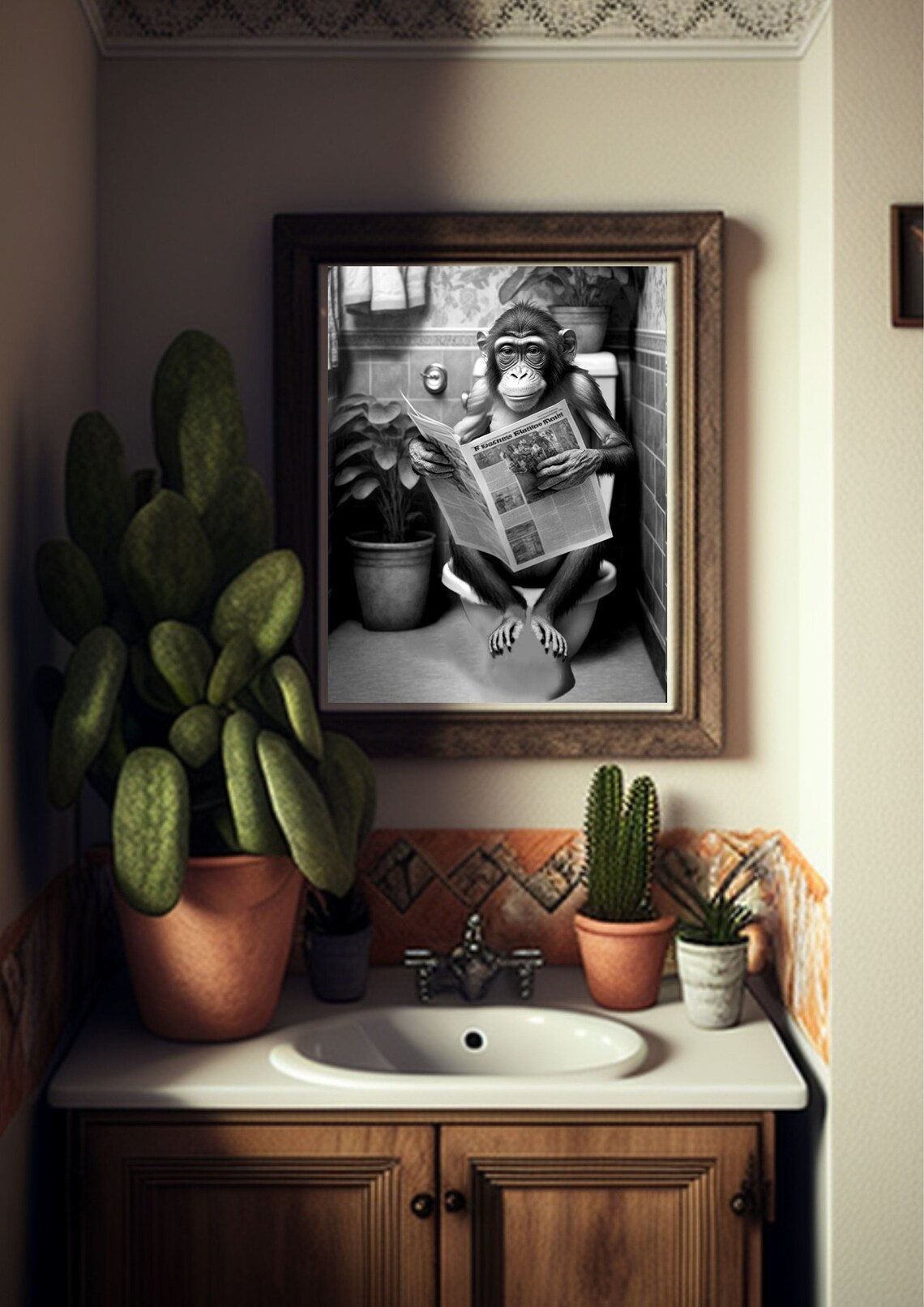 Bathroom Wall Art/monkey on Toilet Reading Newspaper Bathroom - Etsy