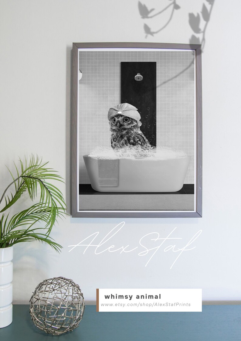 Owl Taking a Bath Owl Print Funny Bathroom Art Owl in - Etsy