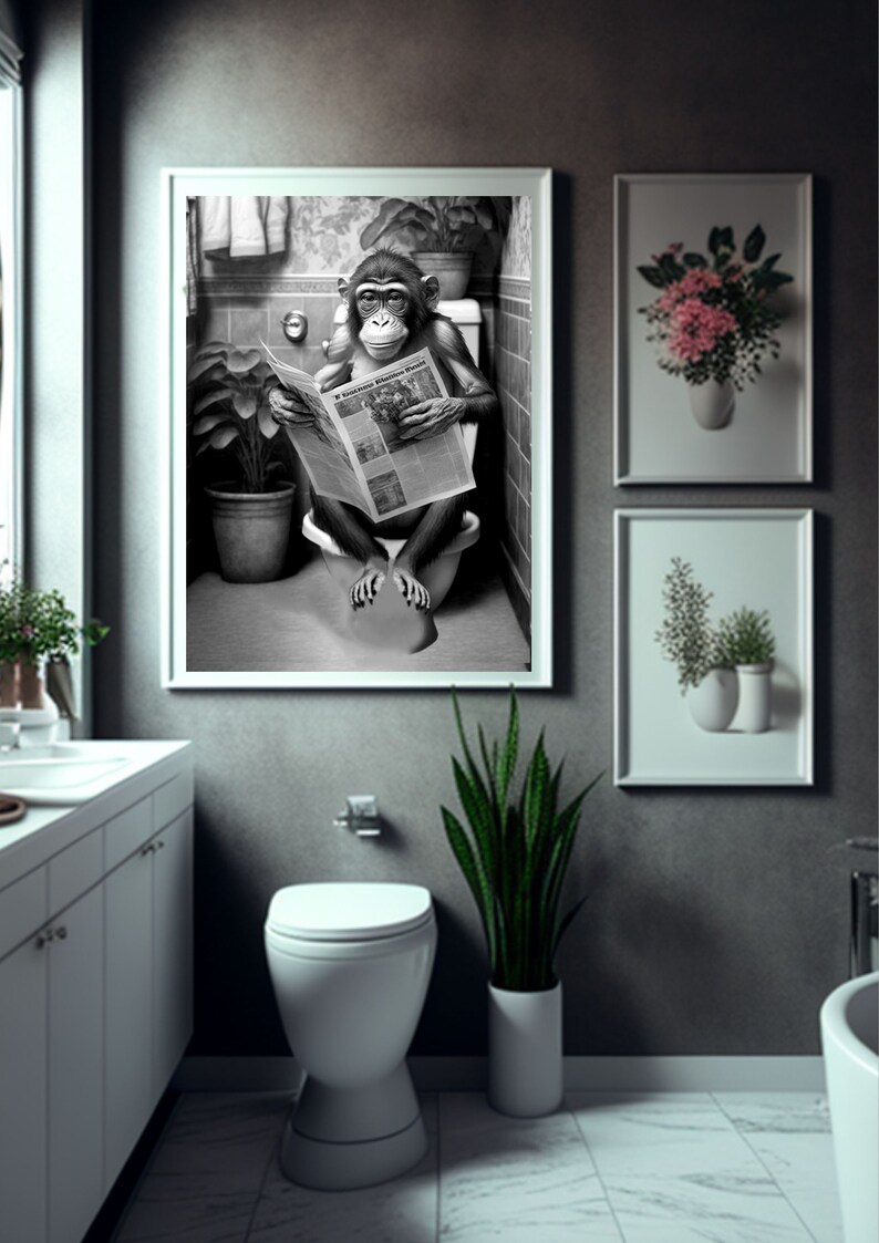 Bathroom Wall Art/monkey on Toilet Reading Newspaper, Bathroom Humor ...