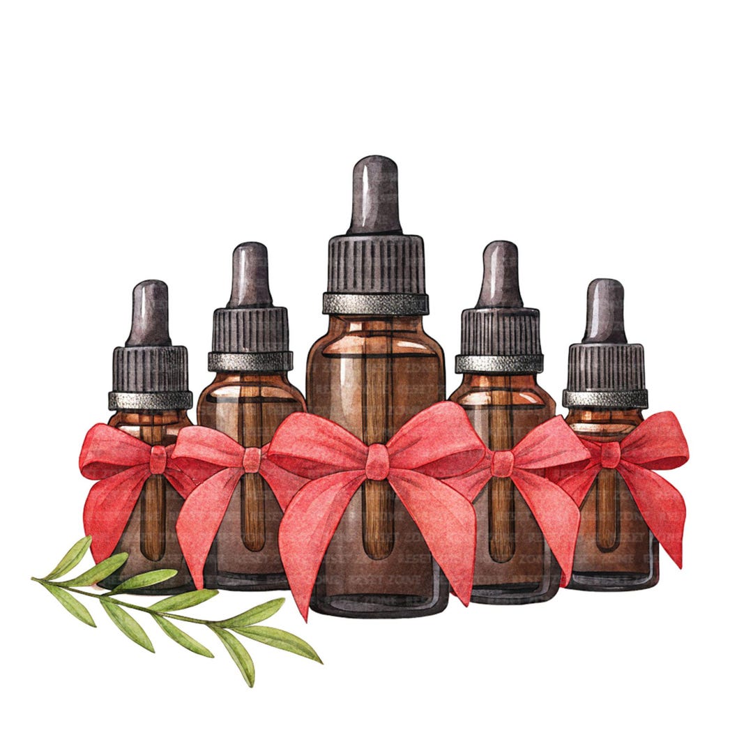 6 Essential Oil Bottles With Colorful Bows, Wellness Clip Art ...