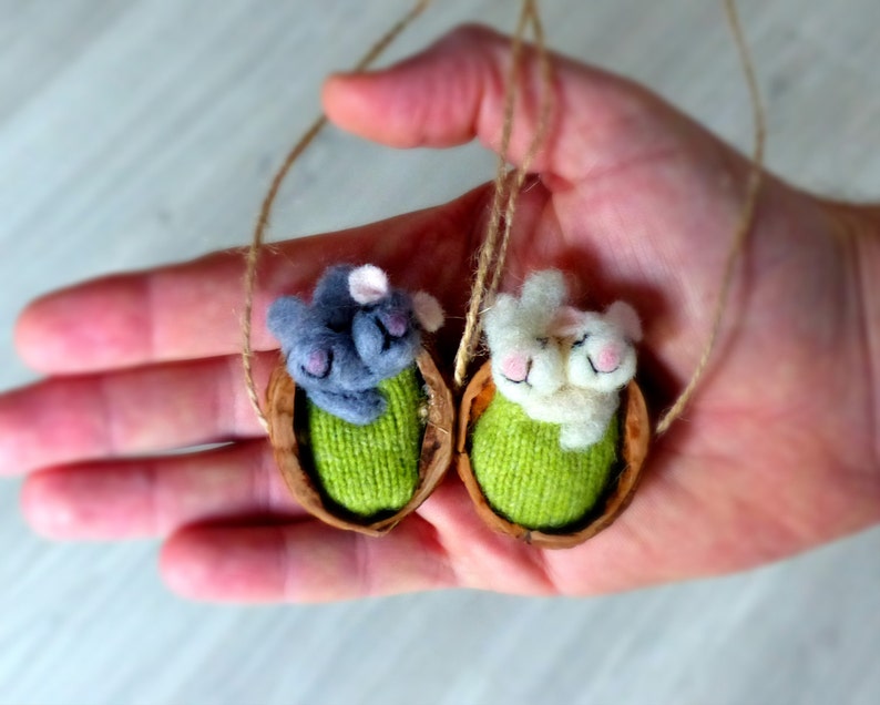 Sleeping Hugging Bunny and Mouse in a Walnut Shell Ornament - Etsy