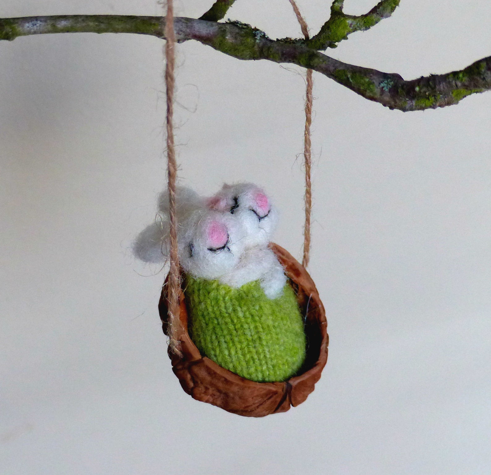 Sleeping Hugging Bunny and Mouse in a Walnut Shell Ornament - Etsy