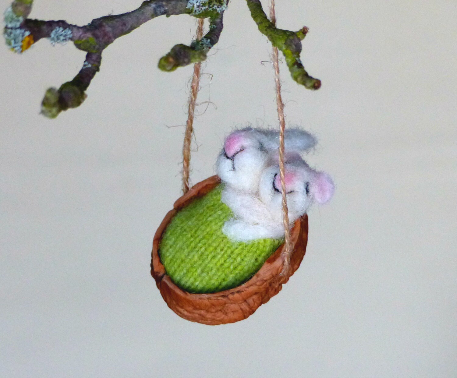 Sleeping Hugging Bunny and Mouse in a Walnut Shell Ornament - Etsy