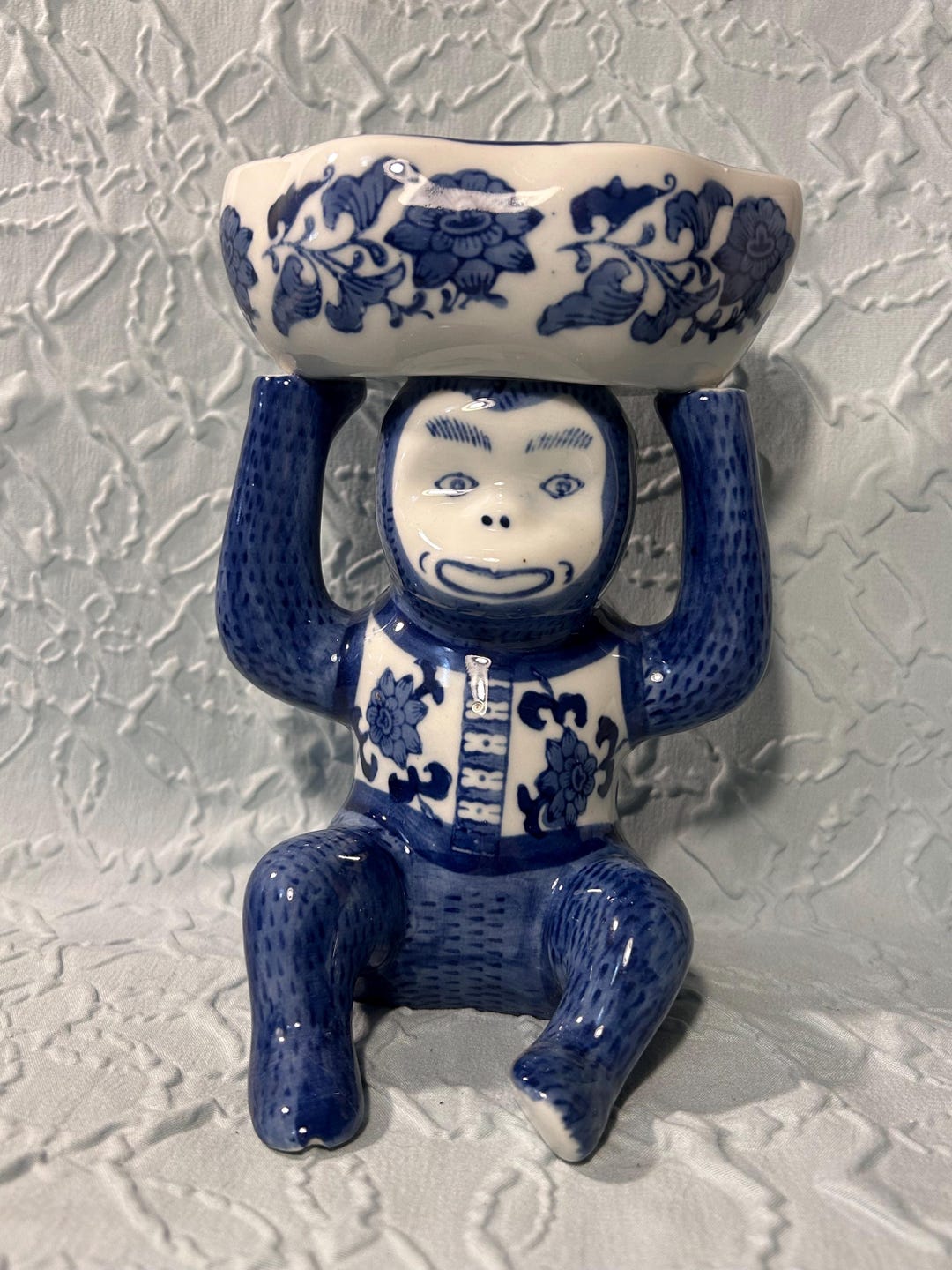 Chinoiserie Ceramic Monkey Trinket Bowl Dish Floral Blue White Vintage ...