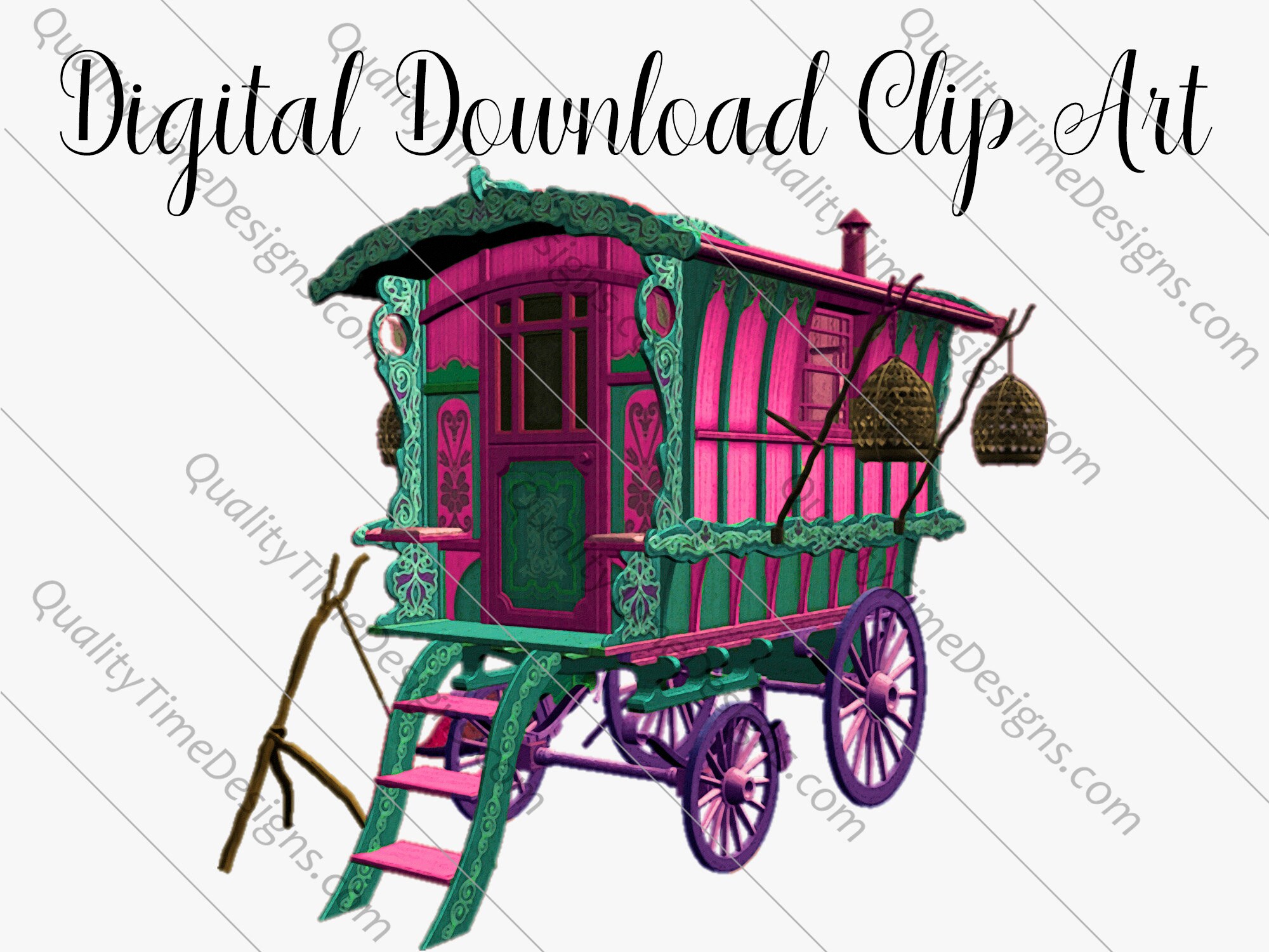 Nomad Gypsy Wagon 002 clipart roze groen en paars door | Etsy
