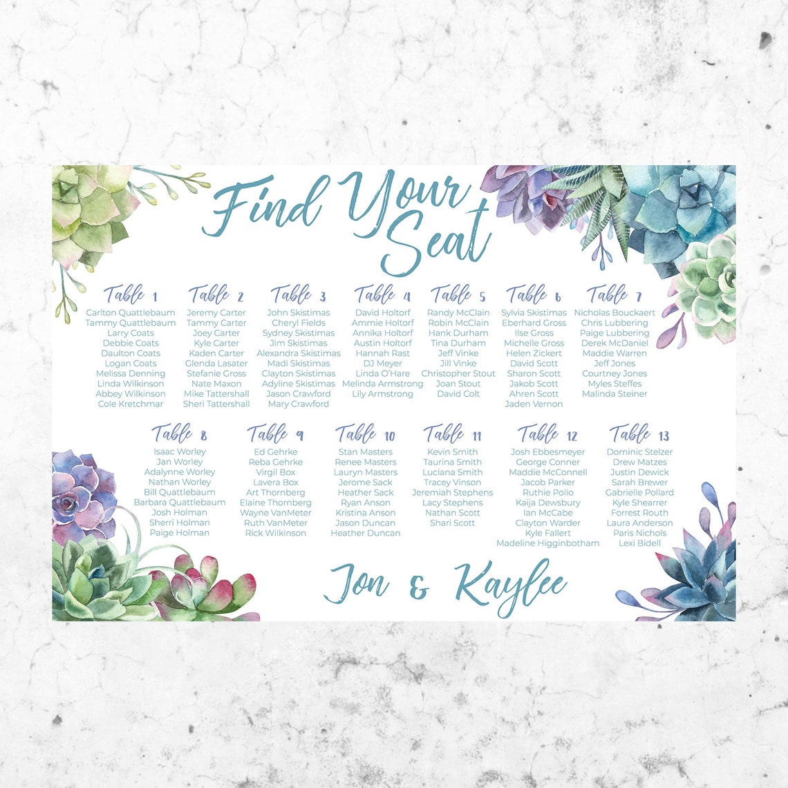 Succulent Seating Chart Rustic Wedding Bohemian Wedding - Etsy