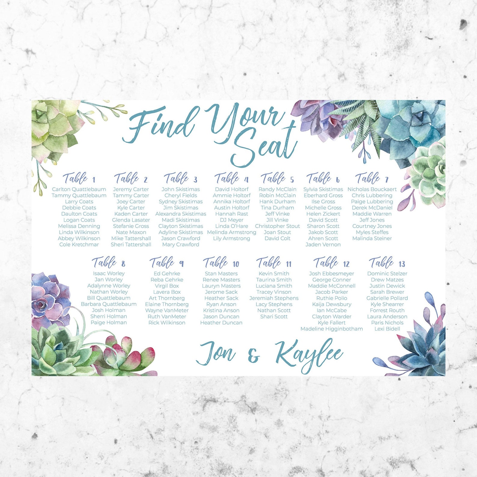 Succulent Seating Chart Rustic Wedding Bohemian Wedding - Etsy