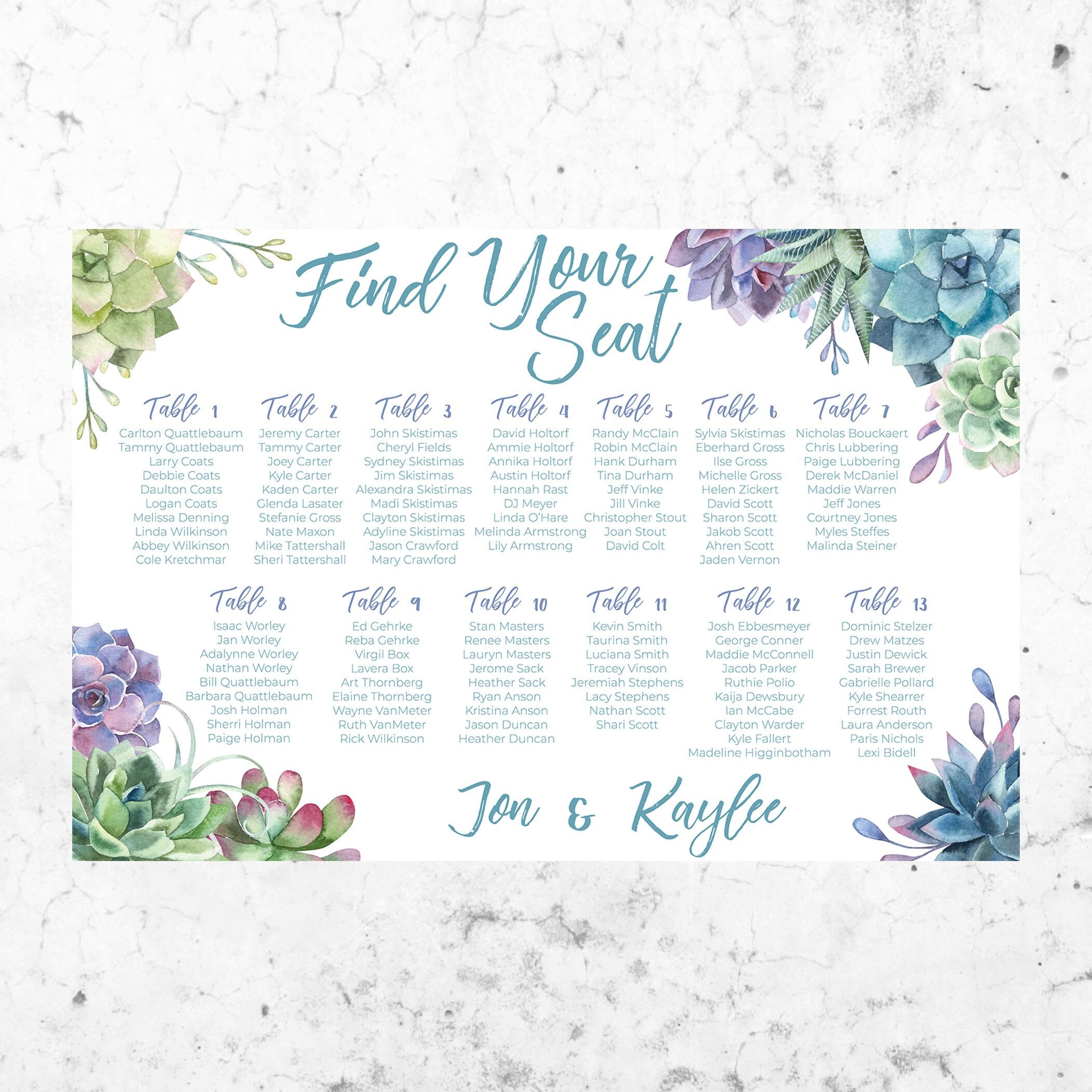 Succulent Seating Chart Rustic Wedding Bohemian Wedding | Etsy