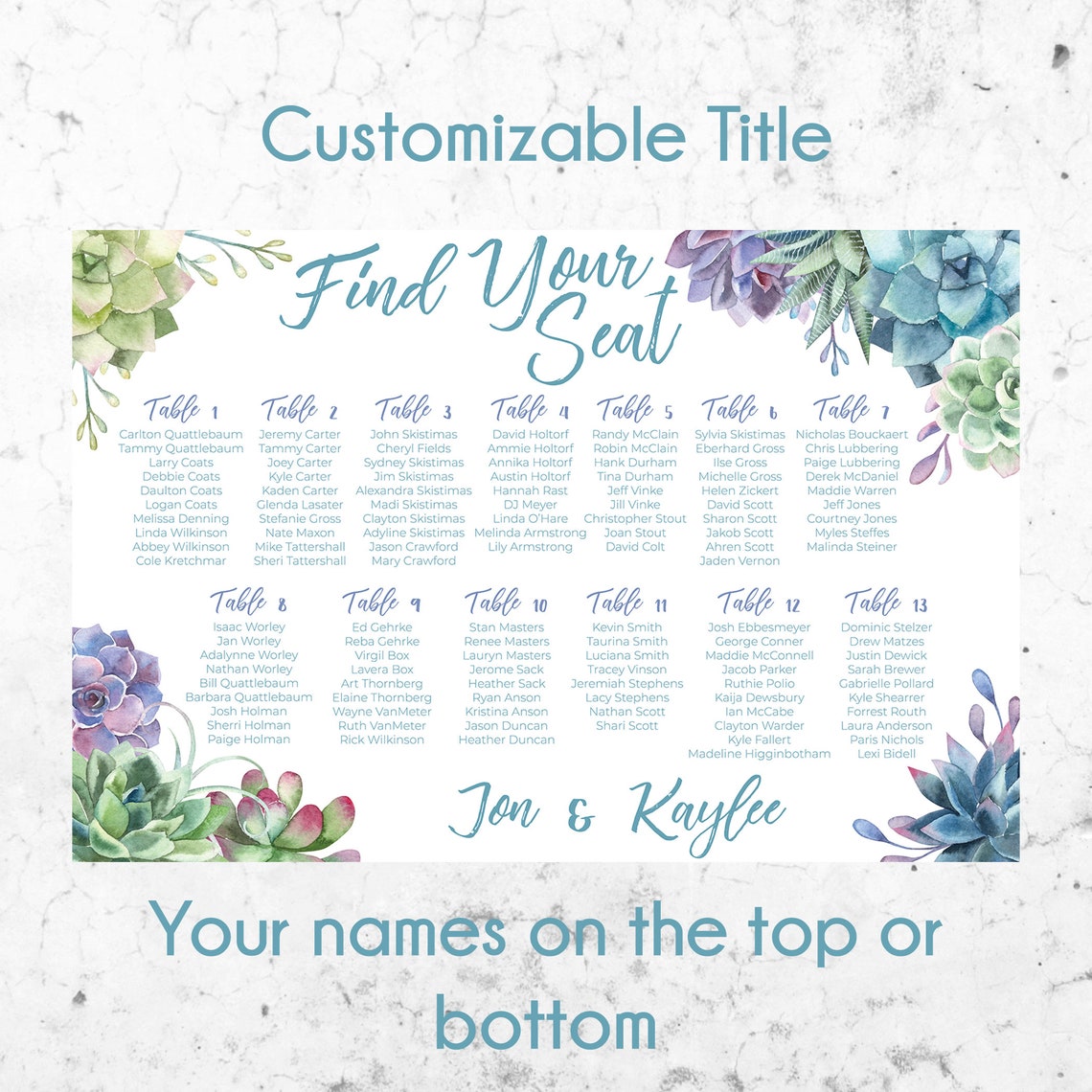 Succulent Seating Chart Rustic Wedding Bohemian Wedding - Etsy