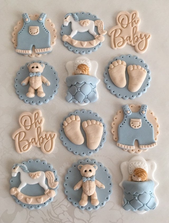 Baby Boy Fondant Cupcake Toppers/teddy Bear Baby Shower Topper/edible ...