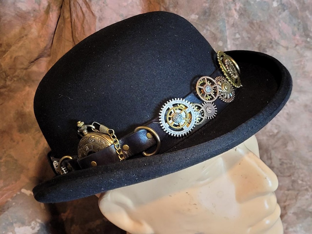 Steampunk Bowler Hat With Gears Leather Hat Band Festival, Cosplay ...
