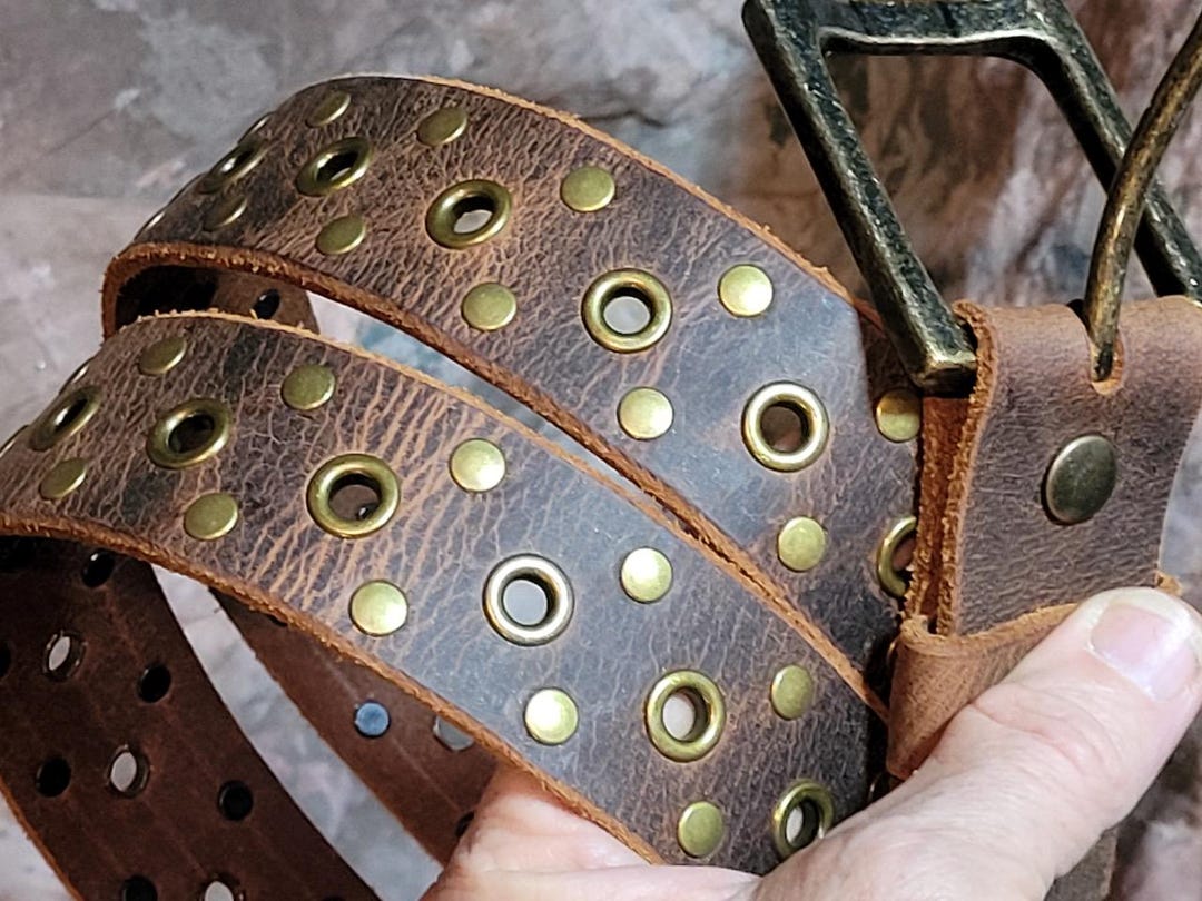 Distressed Crazy Horse Leather Rivet Belt: Rugged Handmade Buffalo Belt ...