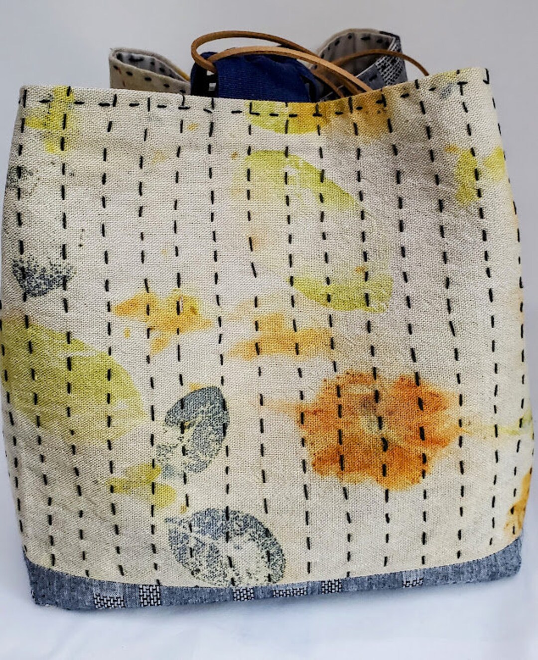 Hand Stitched Japanese Rice Bag Made From Eco Printed Linen and Sashiko ...