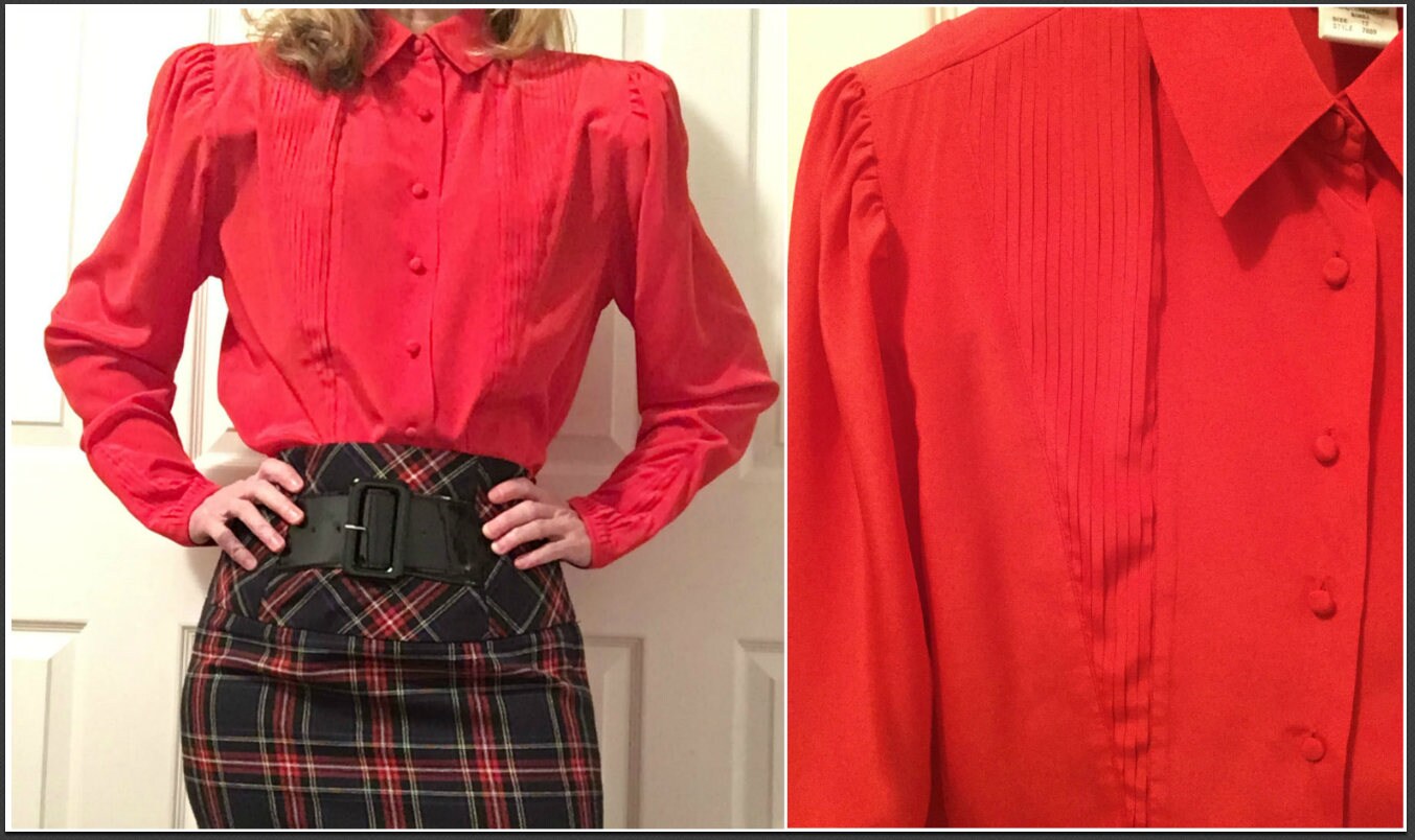 80s Red Blouse by Elite Silky Blouse Secretary Blouse Office | Etsy