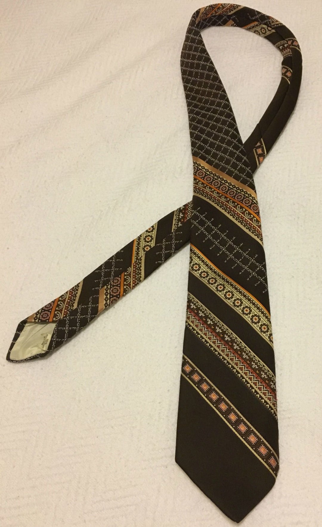 70s Corbata marrón beige y naranja Olga-Marina Colección Vintage ...