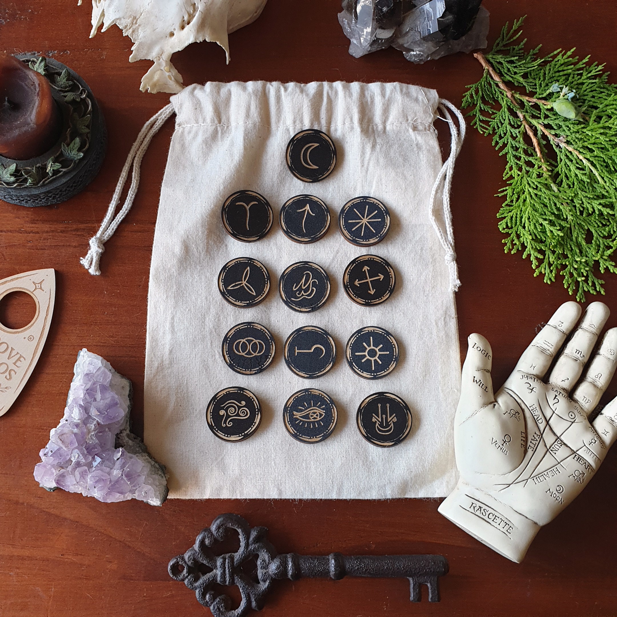 Witches' Rune Set Round // Laser Engraved Runes // - Etsy