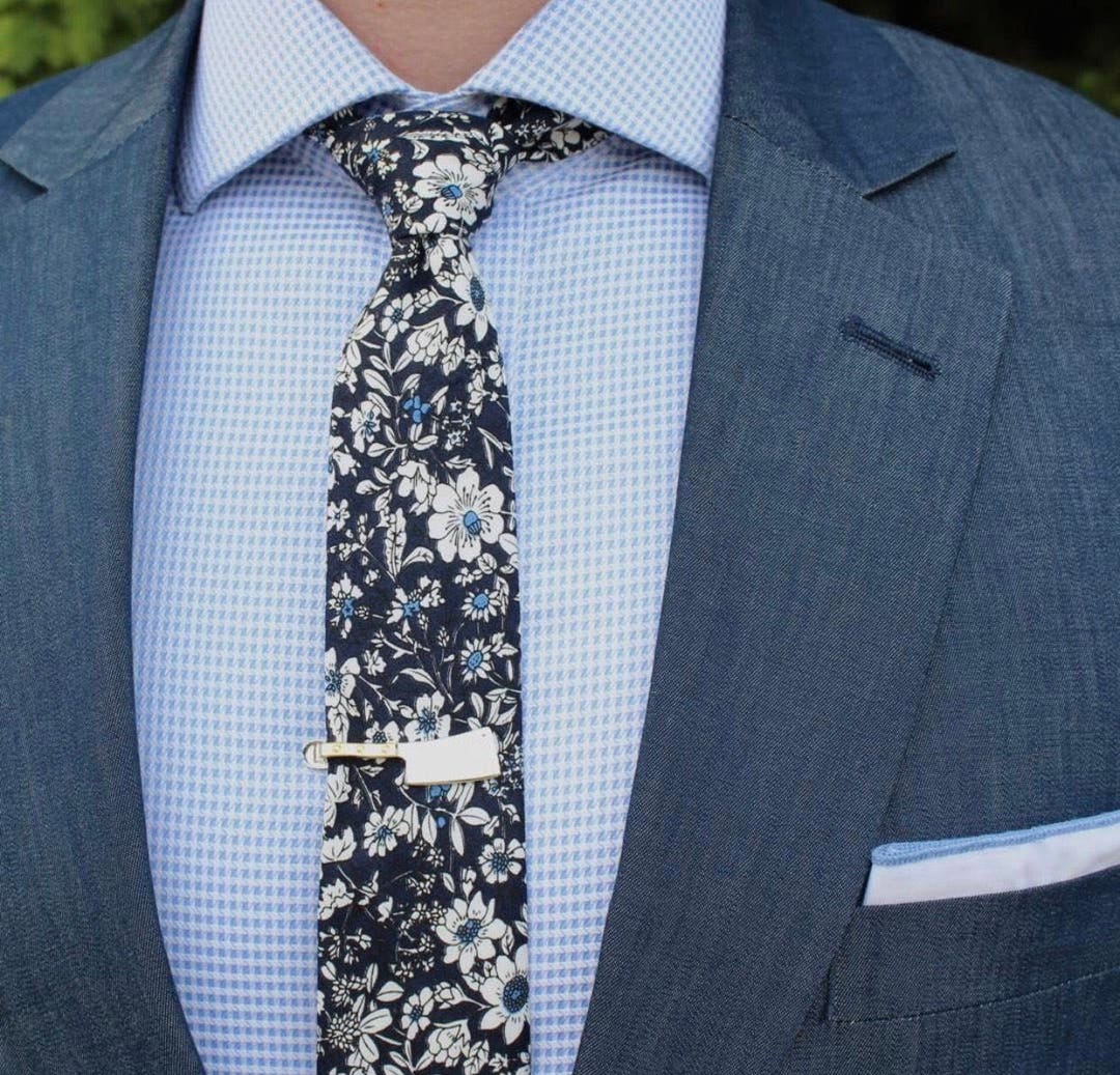 Skinny Dark Blue Floral Wedding Tie Business Tie Party Tie Prom Tie ...