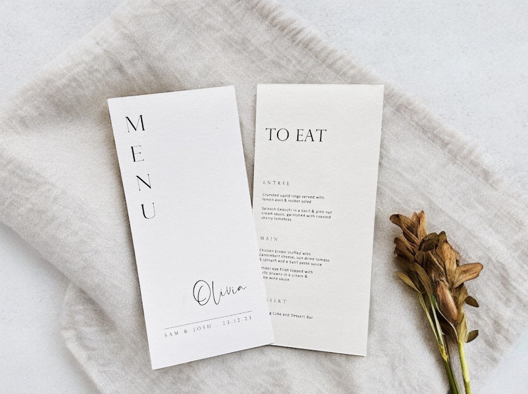 Double Sided Menu, Placecards, Wedding Stationery, Minimalist. Day of ...