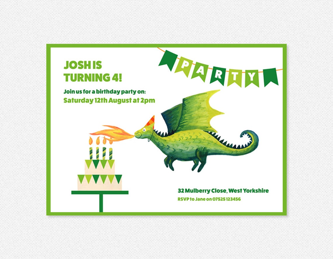 Dragon Party Invitation With Cake and Candles, Print at Home Invitation ...