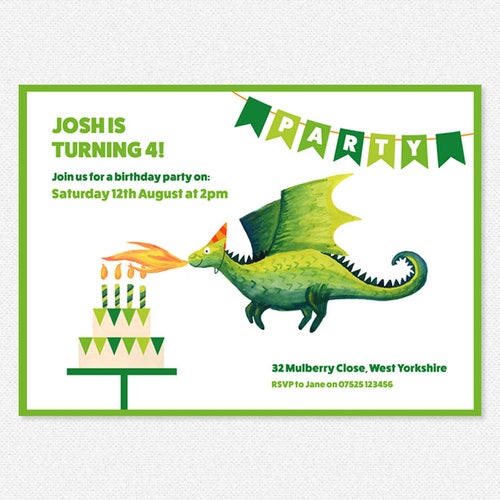 Dragon Party Invitation With Cake and Candles Print at Home - Etsy