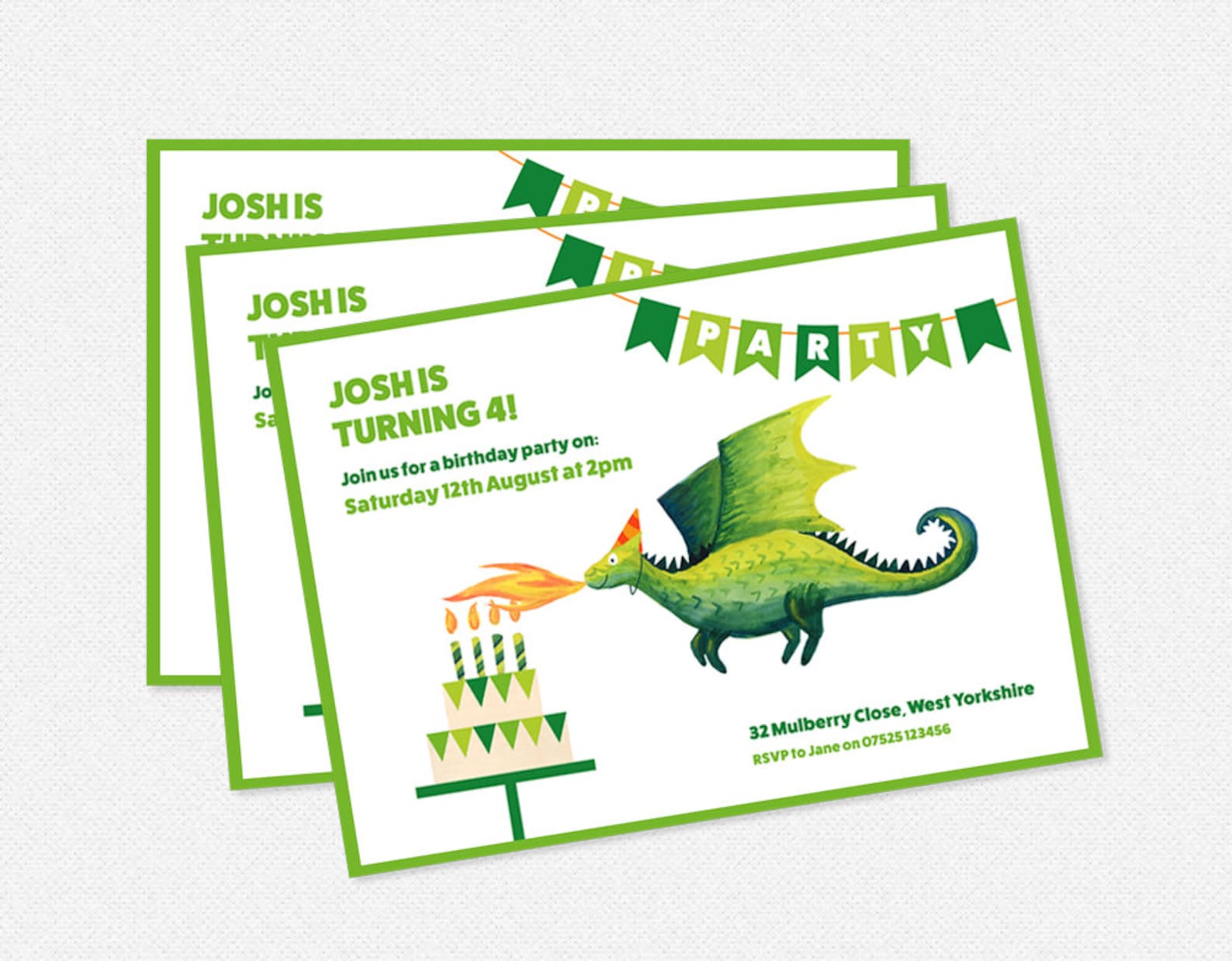 Dragon Party Invitation With Cake and Candles, Print at Home Invitation ...