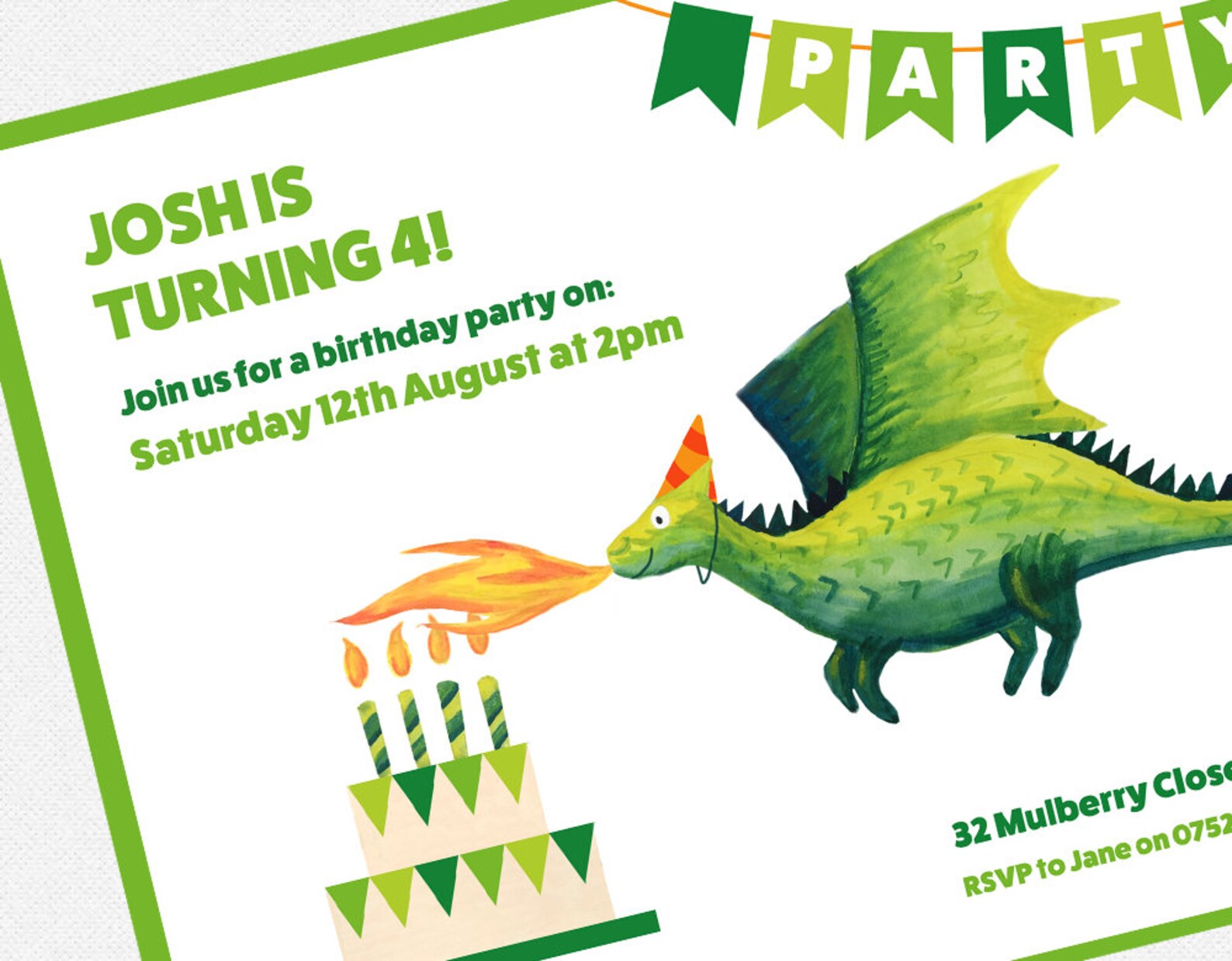 Dragon Party Invitation With Cake and Candles, Print at Home Invitation ...