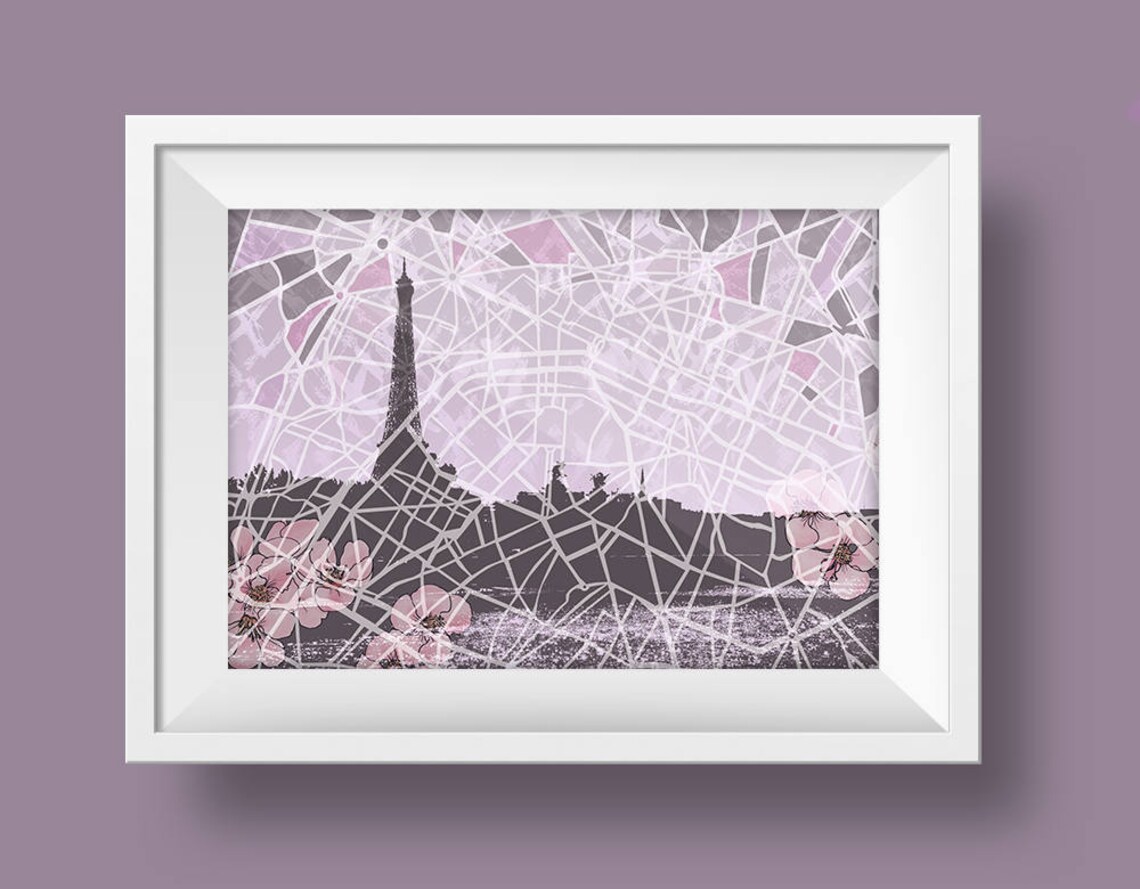 Paris Map Art Print, Paris Street Map Art, Eiffel Tower Wall Art, Pink ...