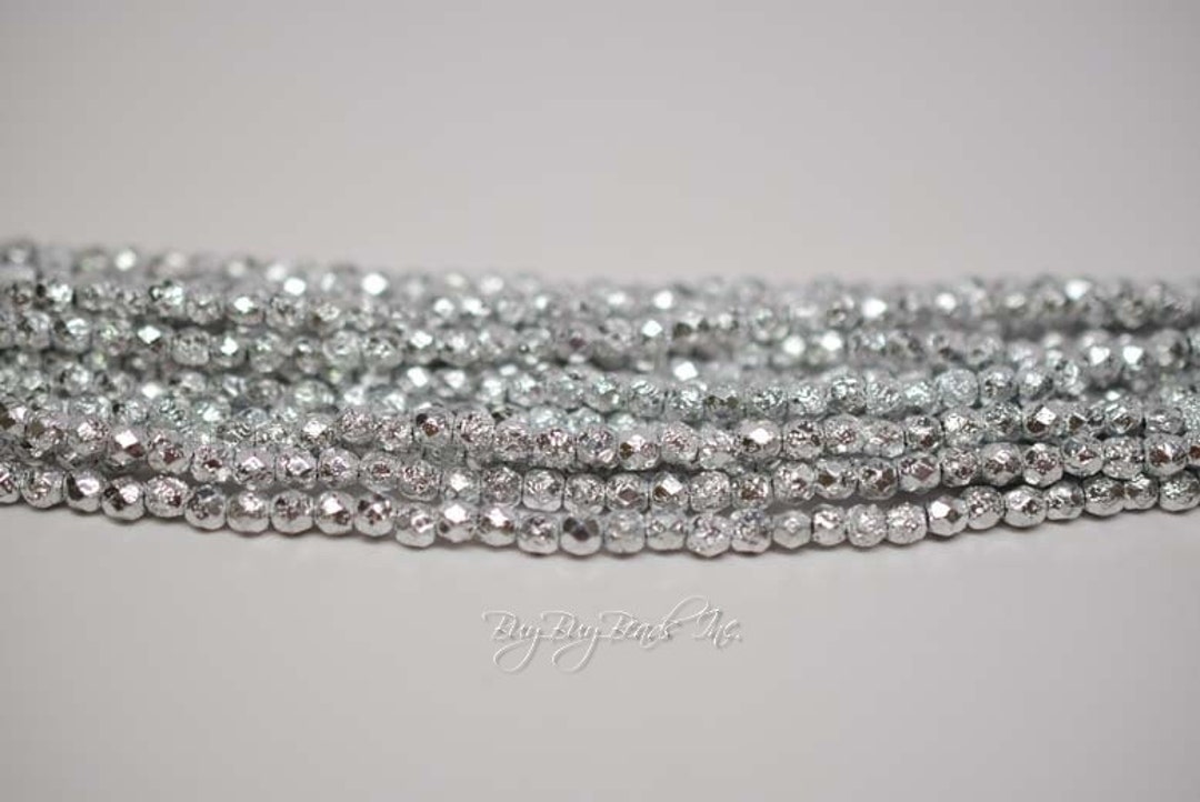 4MM, Silver Ore Etched, Round Faceted, Fire Polished Czech Glass Beads ...