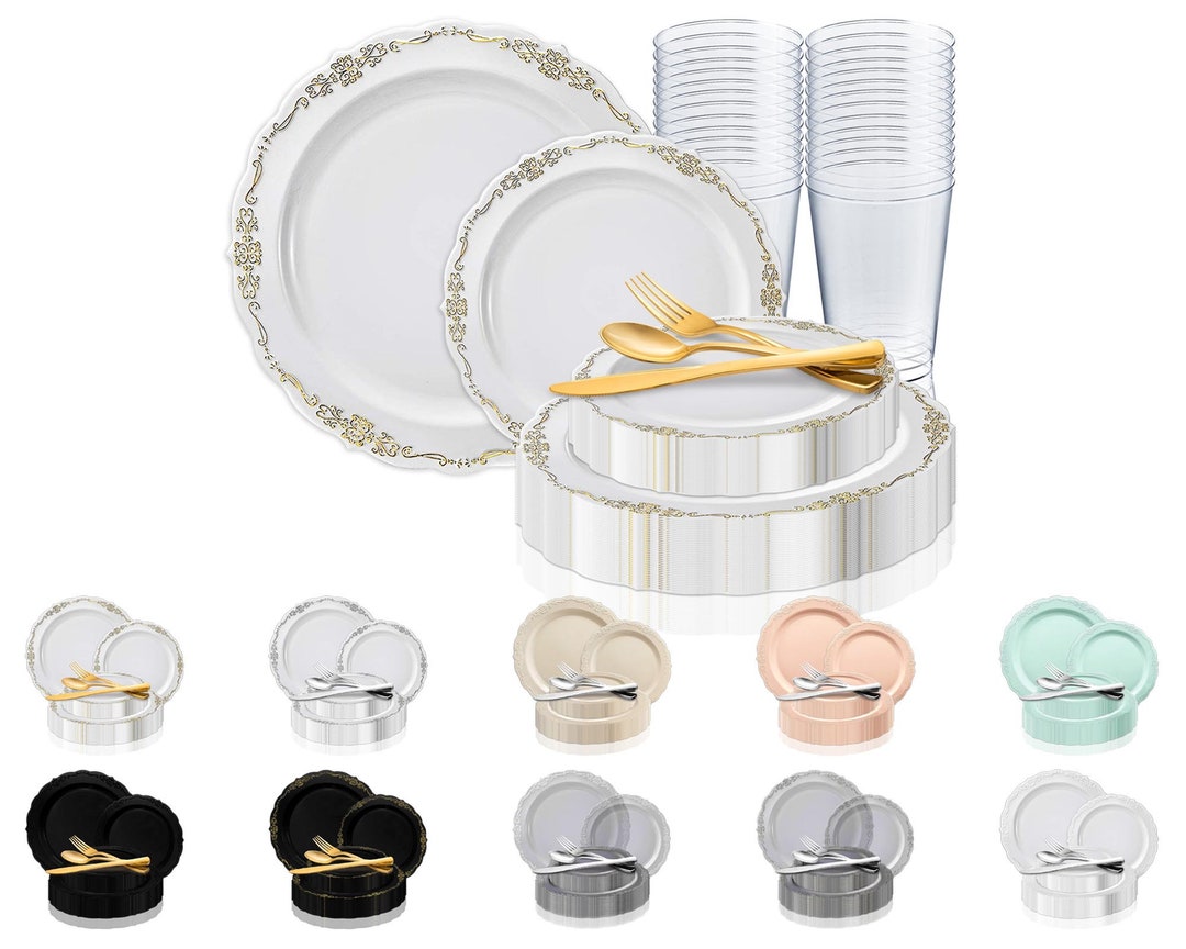 Elegant Vintage Round Disposable Plastic Dinnerware Party Package ...