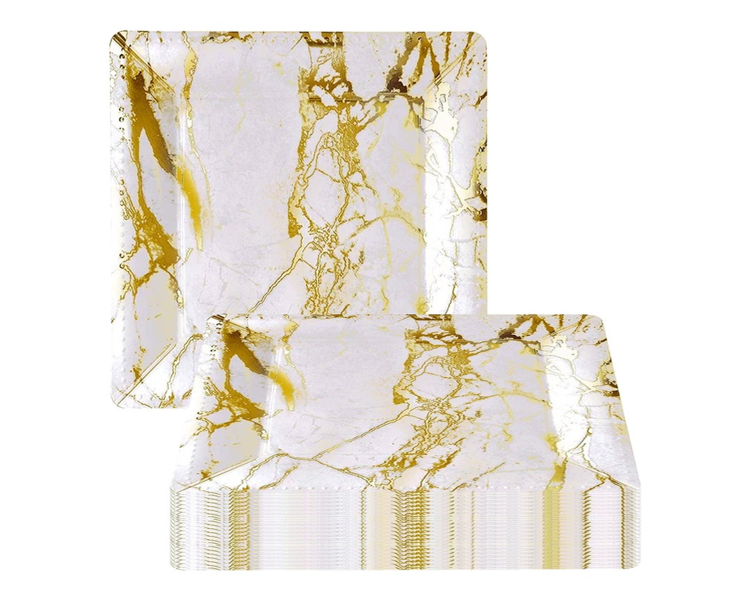 Disposable Square Paper Charger Plates 13", White With Gold Marble ...