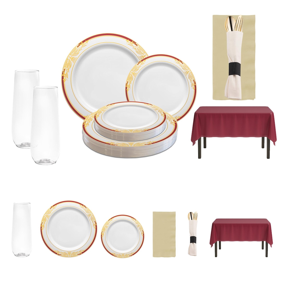 Burgundy & Gold Party Dinnerware Set – Disposable Plates, Champagne ...
