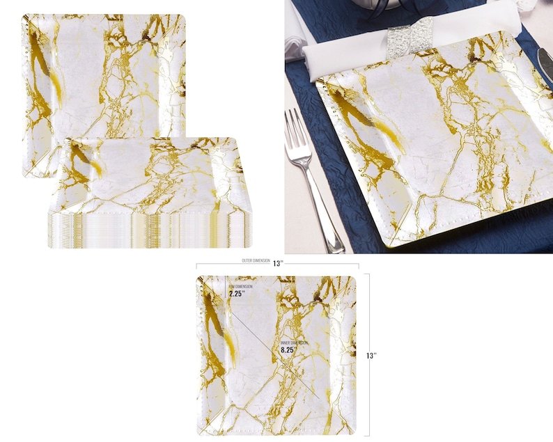 Disposable Square Paper Charger Plates 13", White With Gold Marble ...