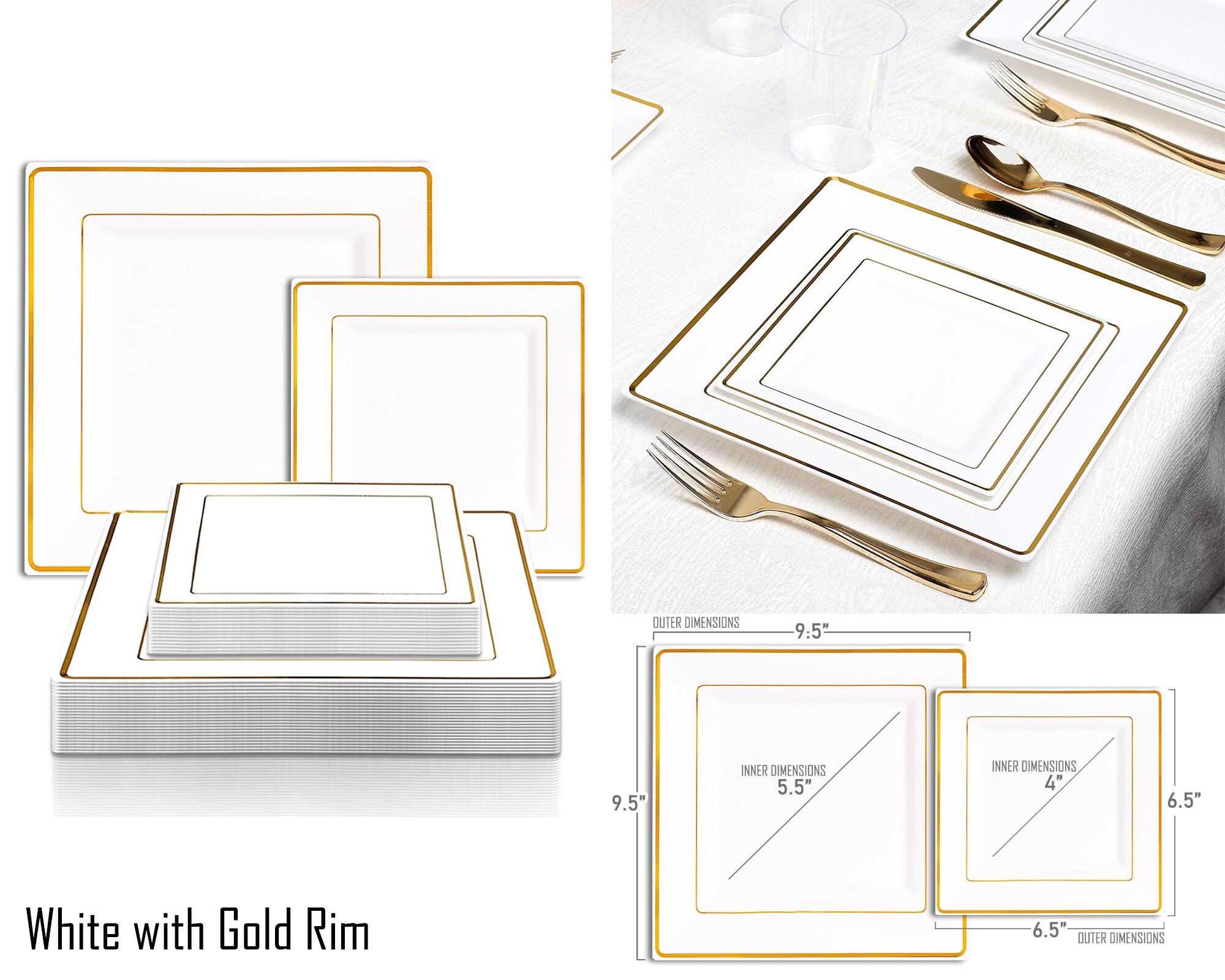 Square Dinner Plates or Salad Plates, Shiny Metallic Gold Edge Rim ...