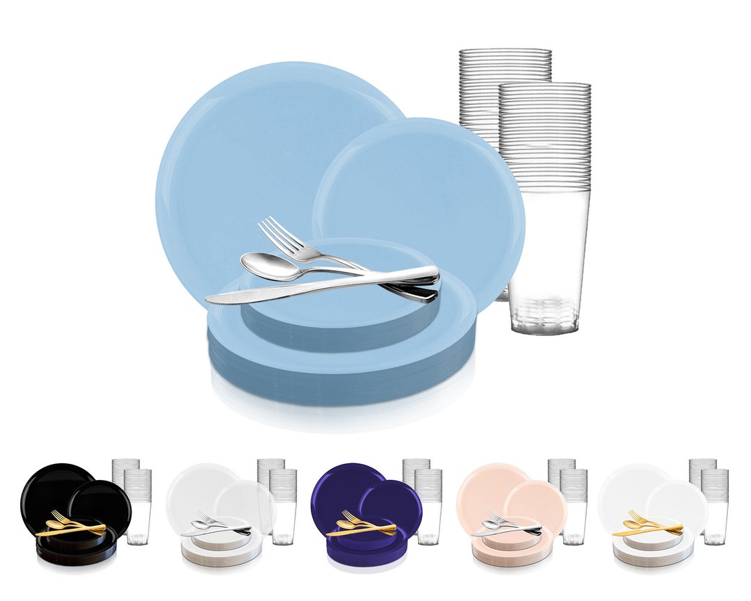 Solid Flat Round Disposable Plastic Dinnerware Party Package - Dinner ...