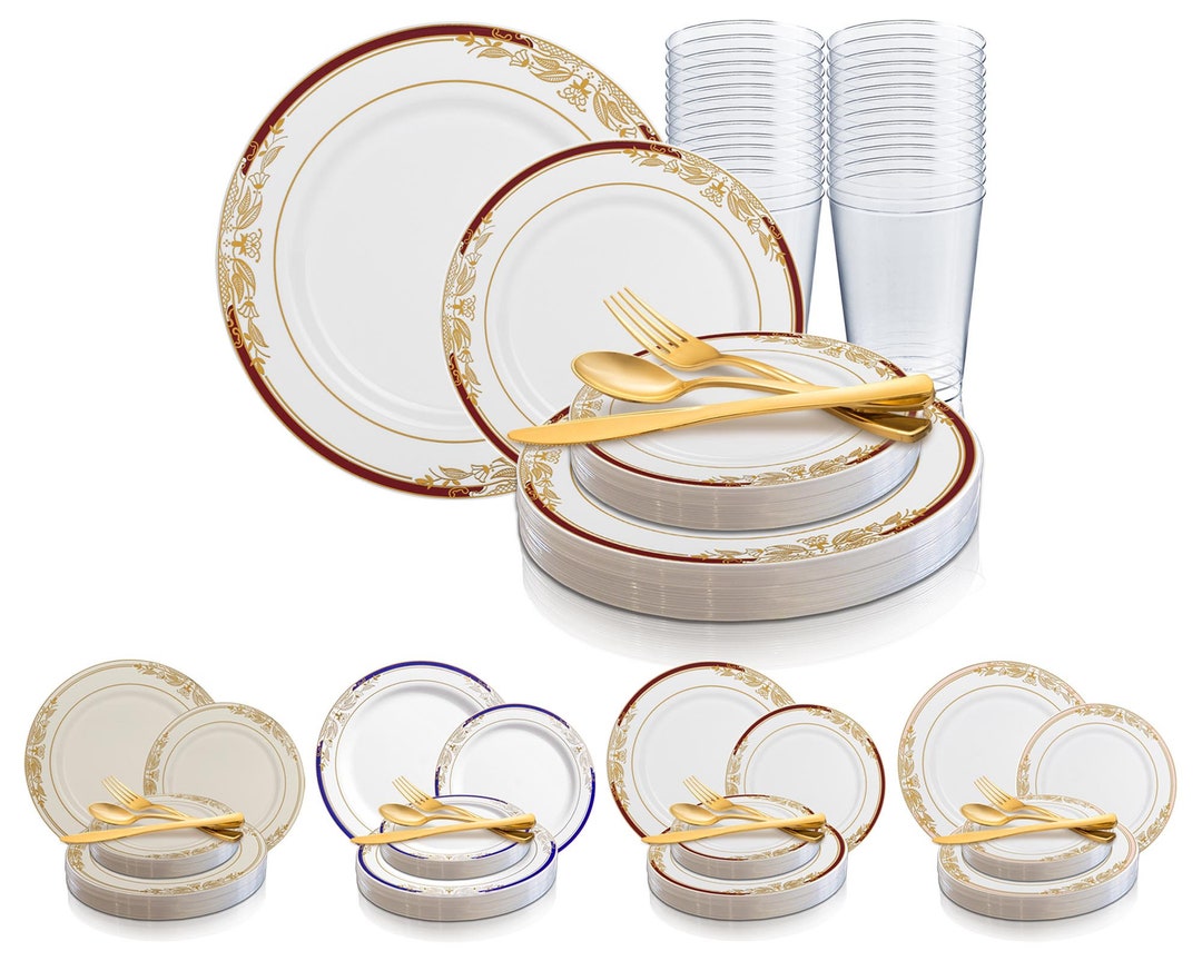 Gold Dinnerware Party Set, Disposable Plastic Plates, Cutlery ...
