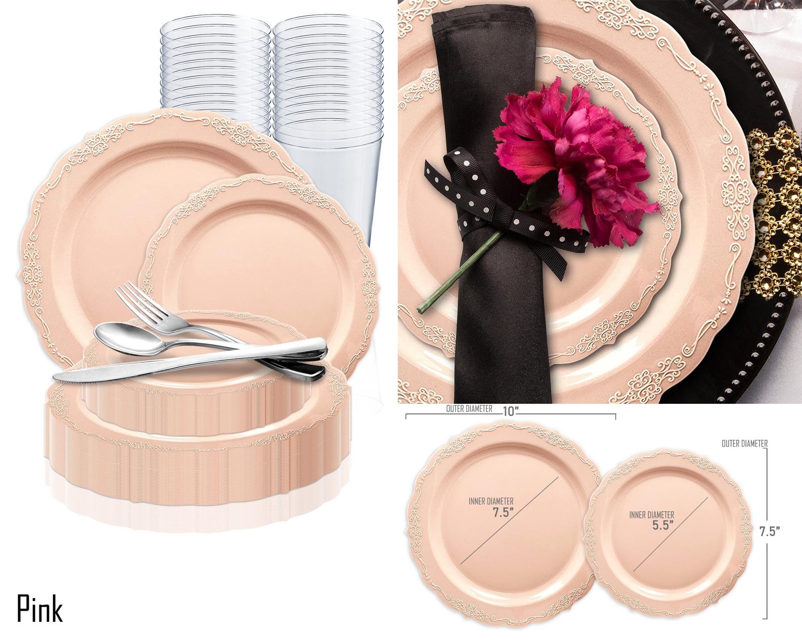 Elegant Vintage Round Disposable Plastic Dinnerware Party Package ...