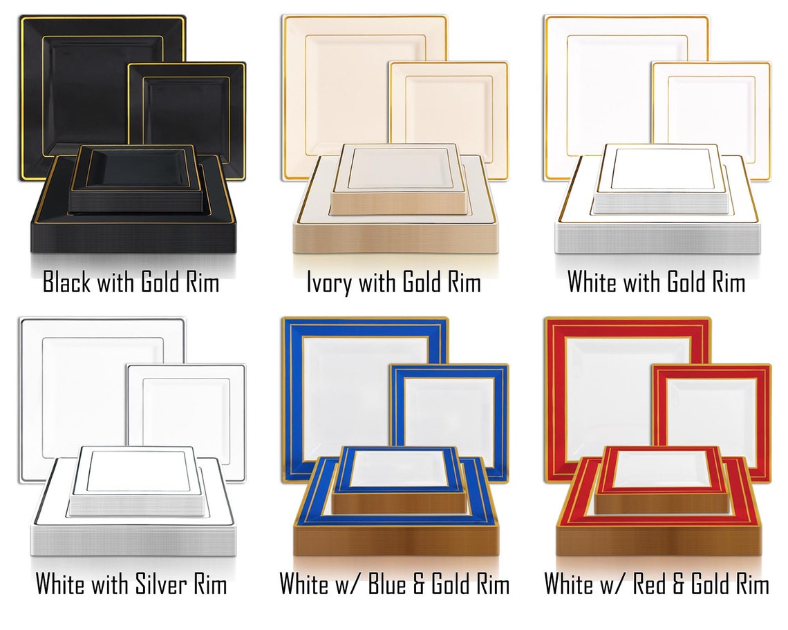 Square Dinner Plates or Salad Plates, Shiny Metallic Gold Edge Rim ...