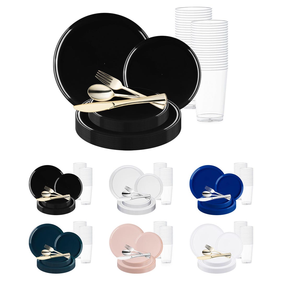 Solid Flat Round Disposable Plastic Dinnerware Party Package - Dinner ...
