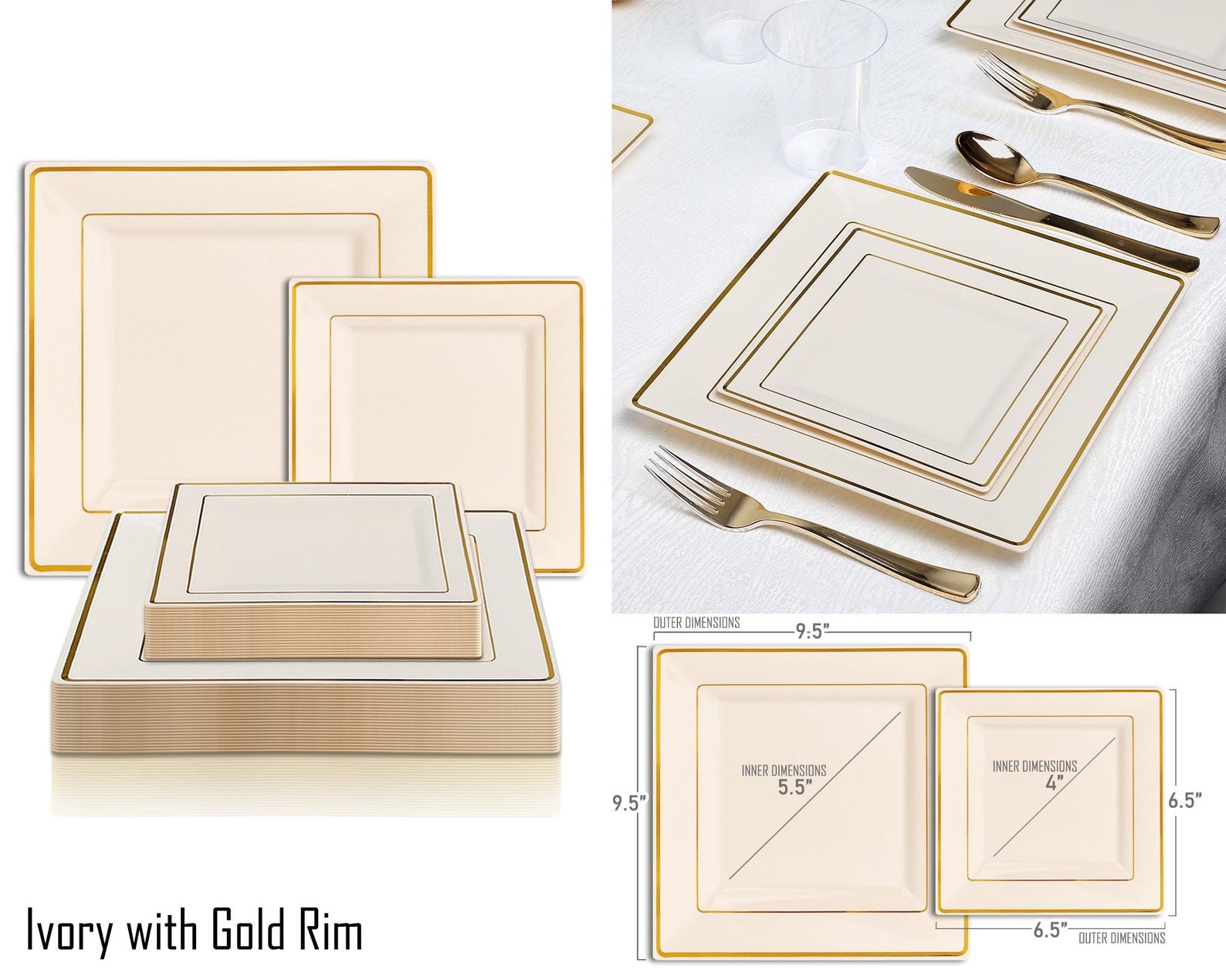 Square Dinner Plates or Salad Plates, Shiny Metallic Gold Edge Rim ...