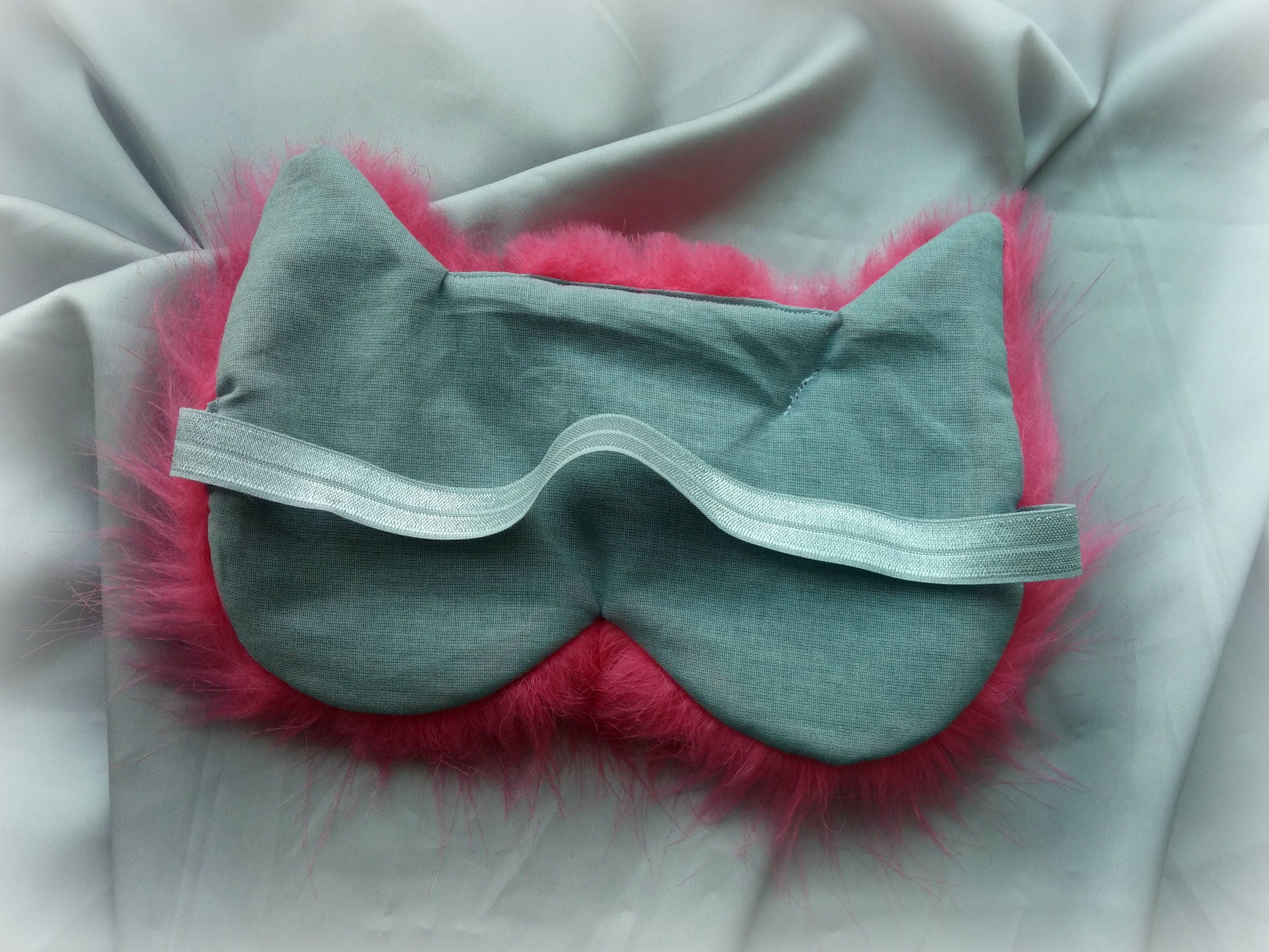 Pink Furry Cat & lace gray bow sleep mask Cute Fluffy Fur | Etsy