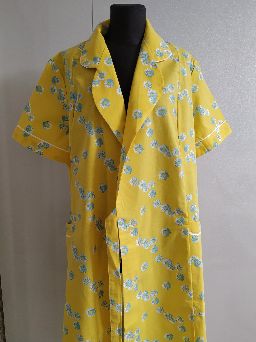 Long Yellow Wrap-around Robe , Organic Cotton Home Dress With Pockets ...