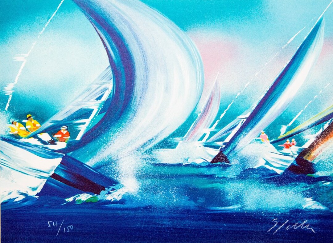 Victor SPAHN: Sailboat Race in the Lead, Signed and Numbered Screen ...