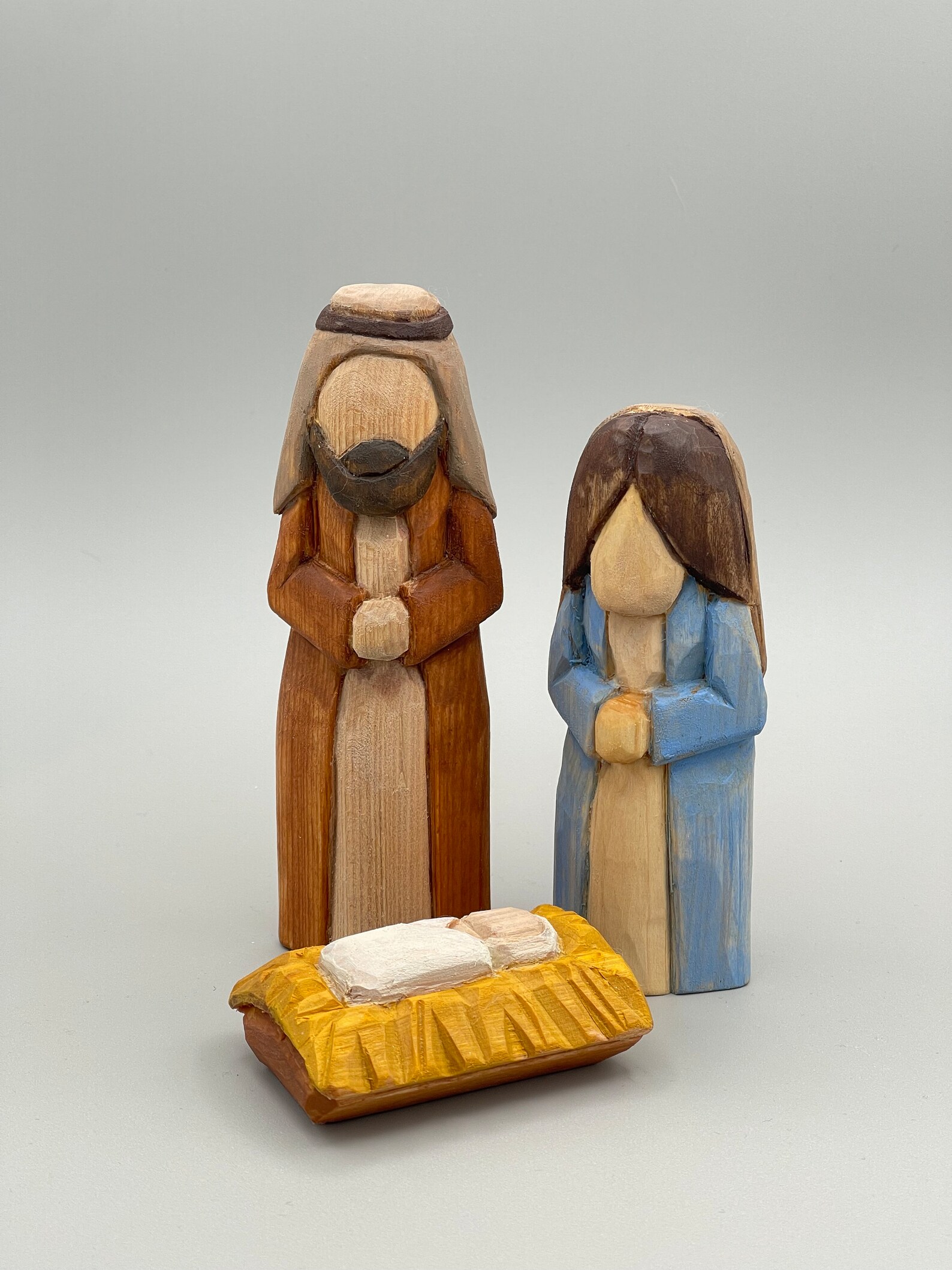 Hand Carved Wood Nativity Trio - Etsy